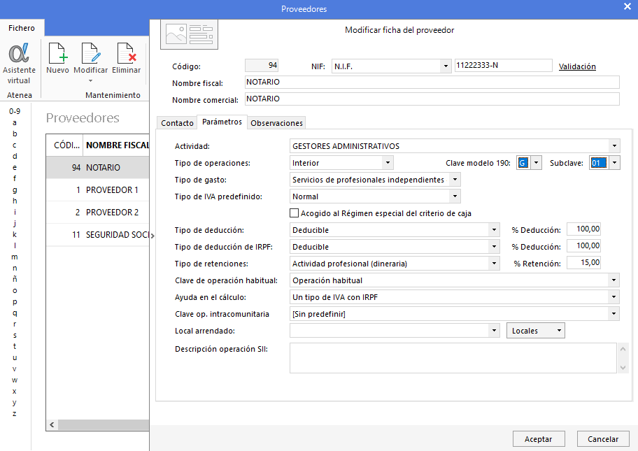 E203 - Configurar claves y sub-claves para el 190 en proveedores en Estimación – Software DELSOL