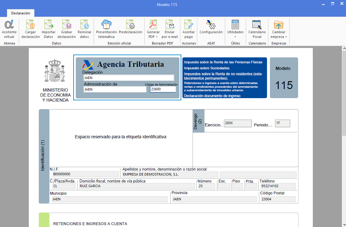 C2625 - Al realizar el modelo 115 no aparece el código de la administracion de AEAT – Software ...